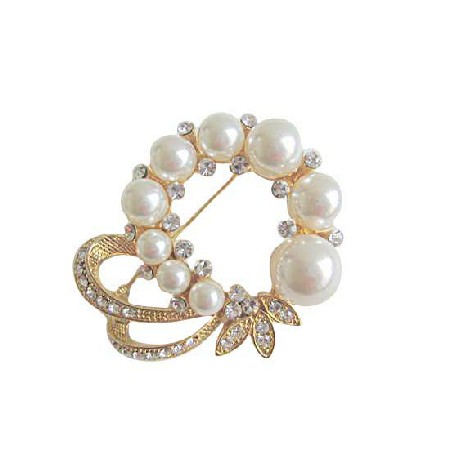 Elegant Formal Dress Gold Plated Brooch with Pearls & CZ