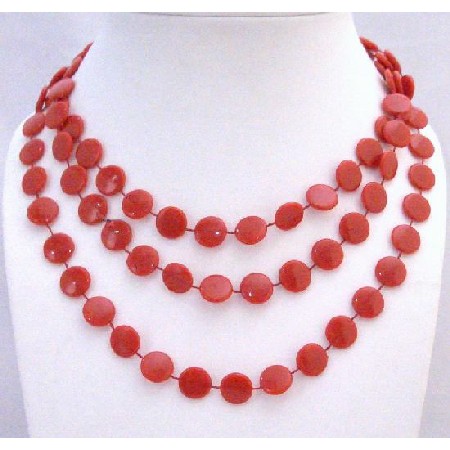 Red Flat Bead Long Necklace Striking Red Bead 54 Inches Long Necklace